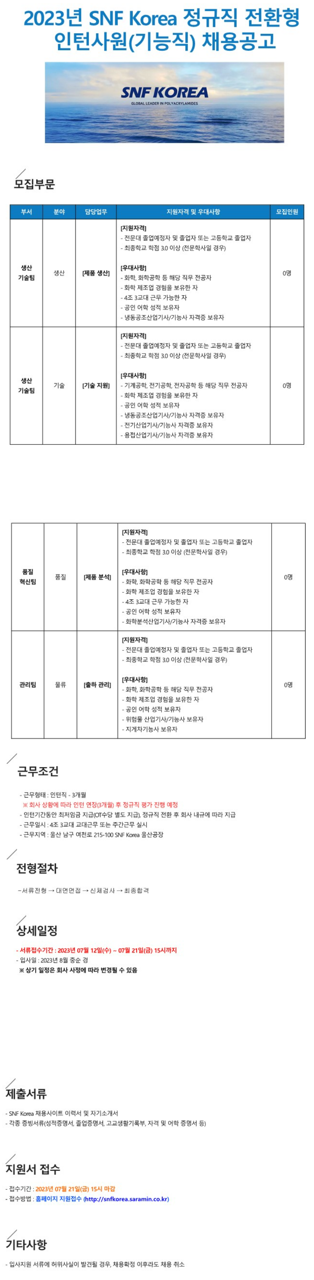 SNF Korea 채용 | 2023년 정규직전환형 인턴사원 (기능직) - 슈퍼루키